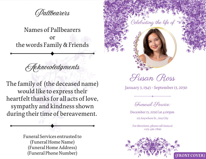Purple Floral Funeral Program Template, Celebration of Life ...