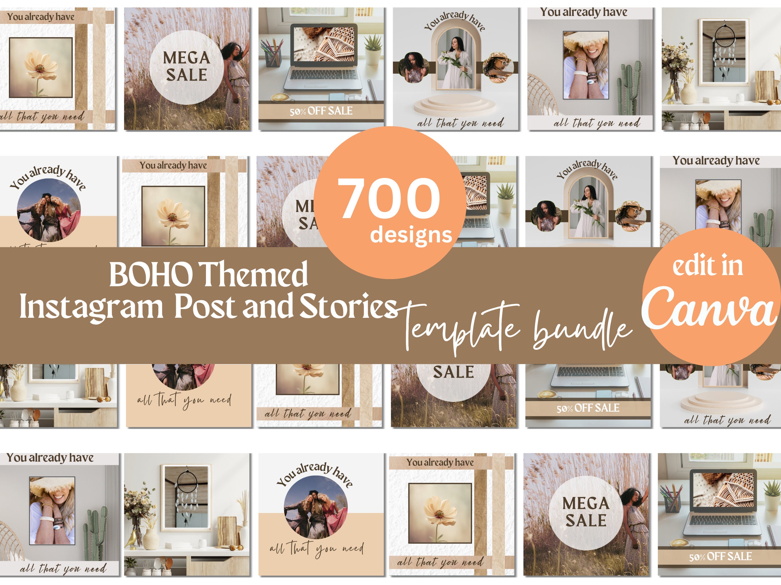 Boho Themed Canva Instagram Template Bundle | Canva Template Bundle Kit ...