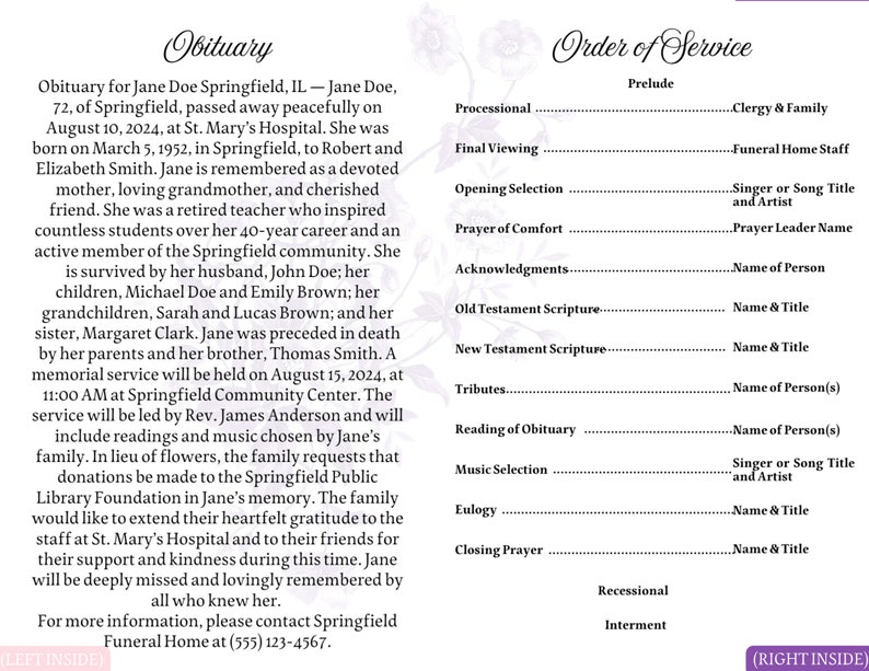 Purple Floral Funeral Program Template, Celebration of Life ...