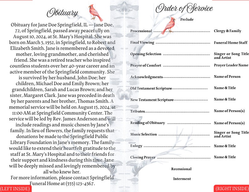 Cardinal Celebration of Life Funeral Announcement Template, Funeral ...