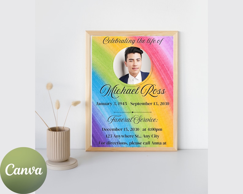 Colorful Rainbow Celebration of Life Funeral Announcement Template ...