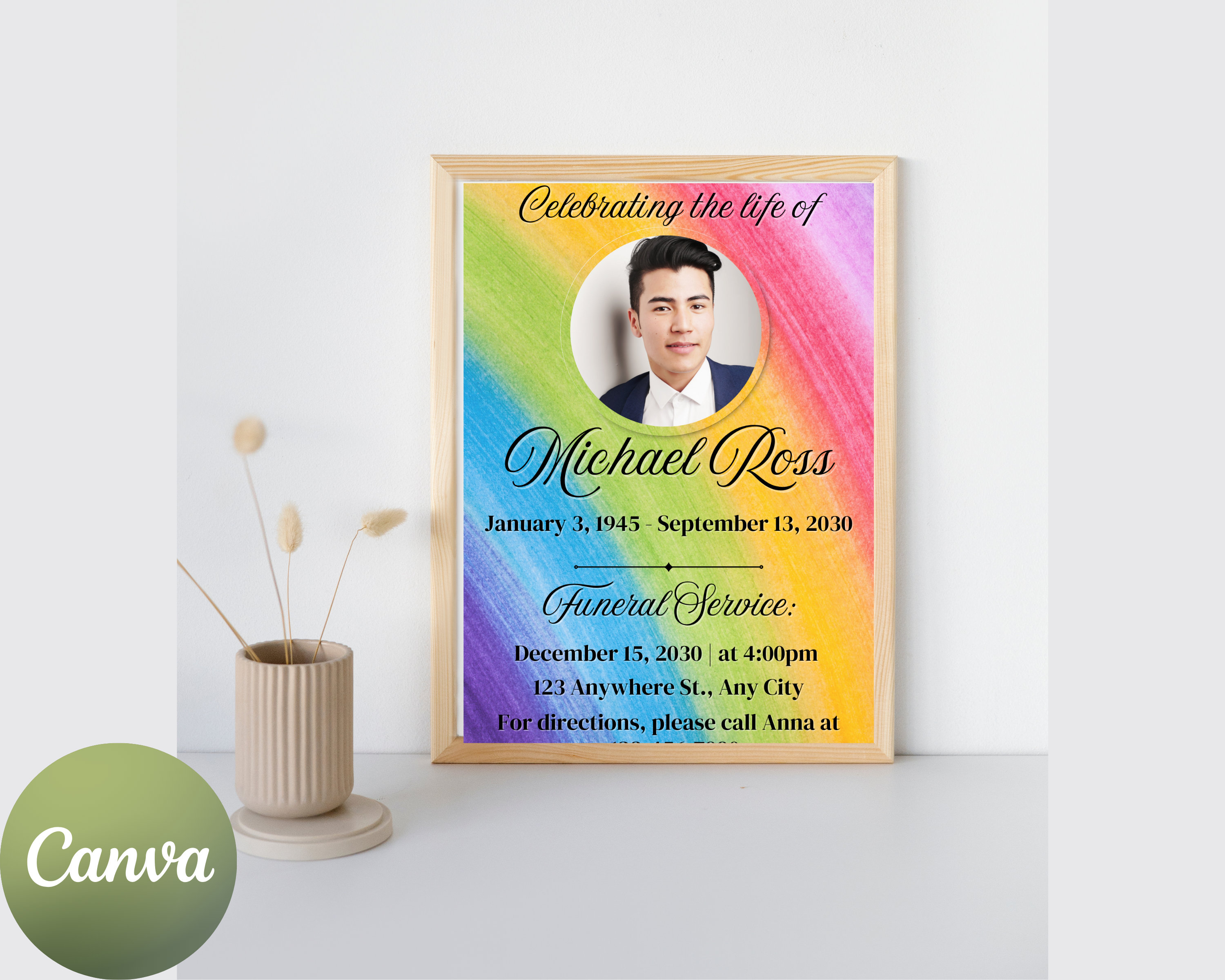 Colorful Rainbow Celebration of Life Funeral Announcement Template ...