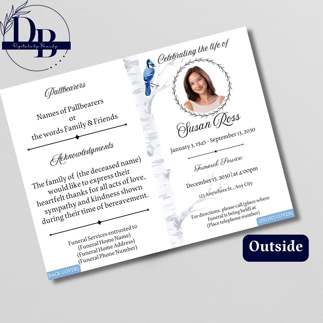 Blue Jay Funeral Announcement Bundle, Canva Funeral Program Template ...