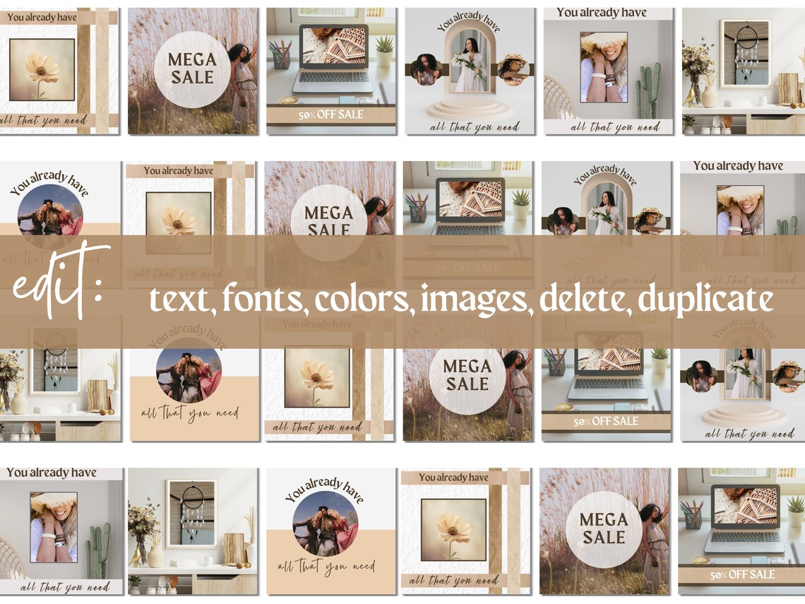 Boho Themed Canva Instagram Template Bundle | Canva Template Bundle Kit ...