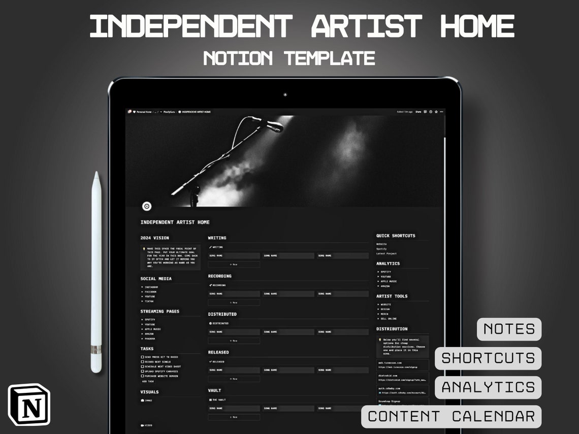 Independent Artist Home Notion Planner Template Ultimate Life and ...