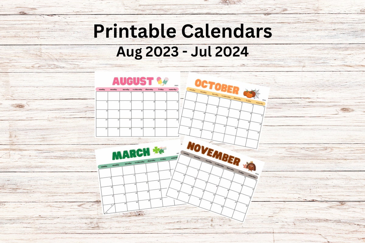Printable Monthly Calendar 2023-2024 PDF 11x8.5 Landscape - Etsy