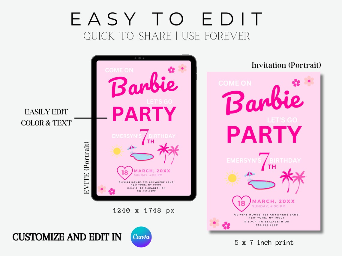 EDITABLE Birthday Invitation Template, Printable Barbie Invitation Girl ...