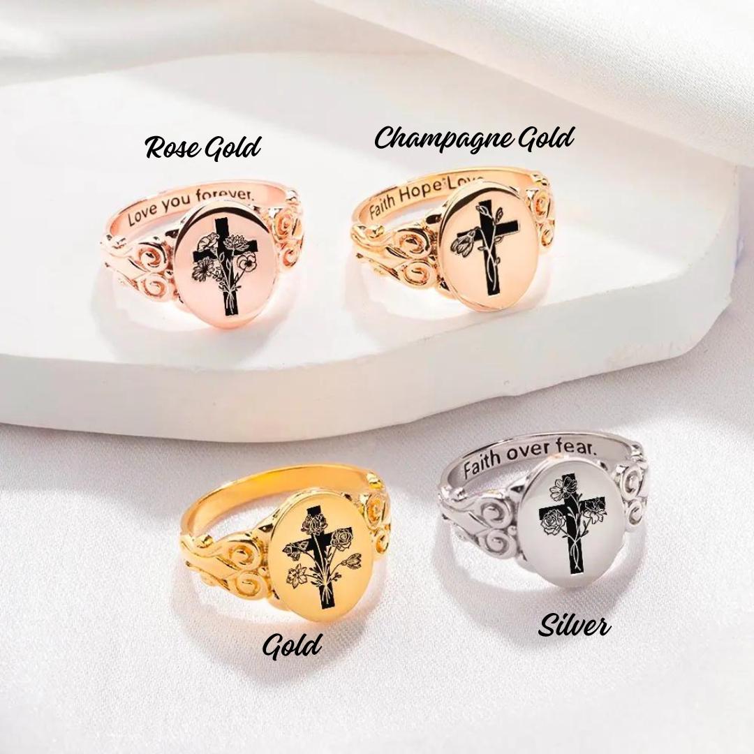 Custom Birth Flower Bouquet Cross Ring With Personalized Inner ...