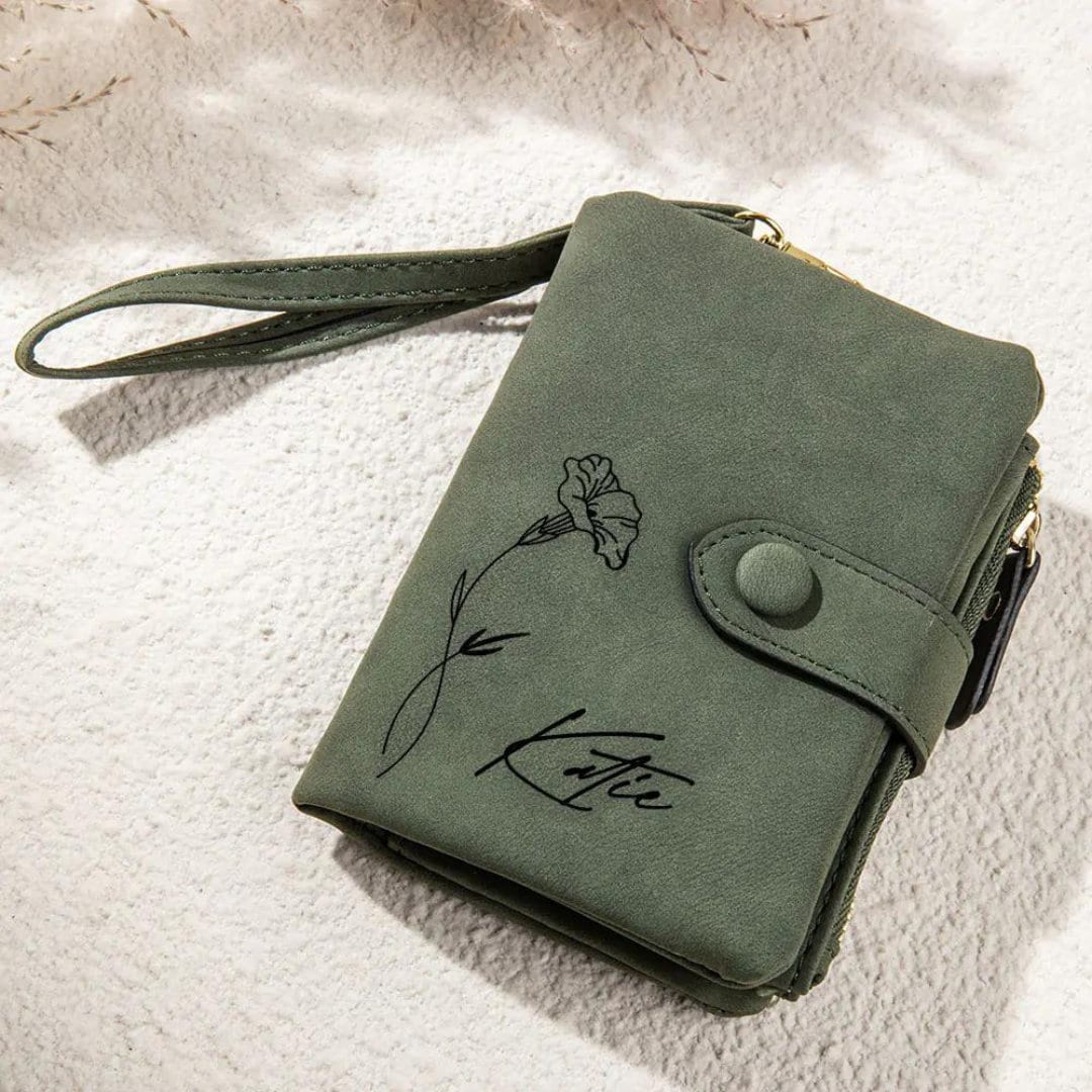 Custom Birth Flower Wallet With Name Engraving, Vegan Leather Tri-fold ...