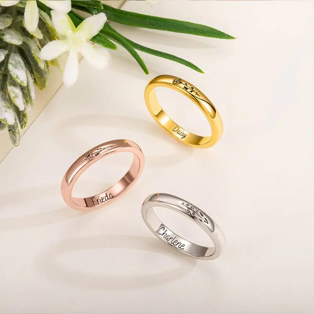 Personalized Birth Flower Ring, Stackable Birthflower Ring Band for Her ...