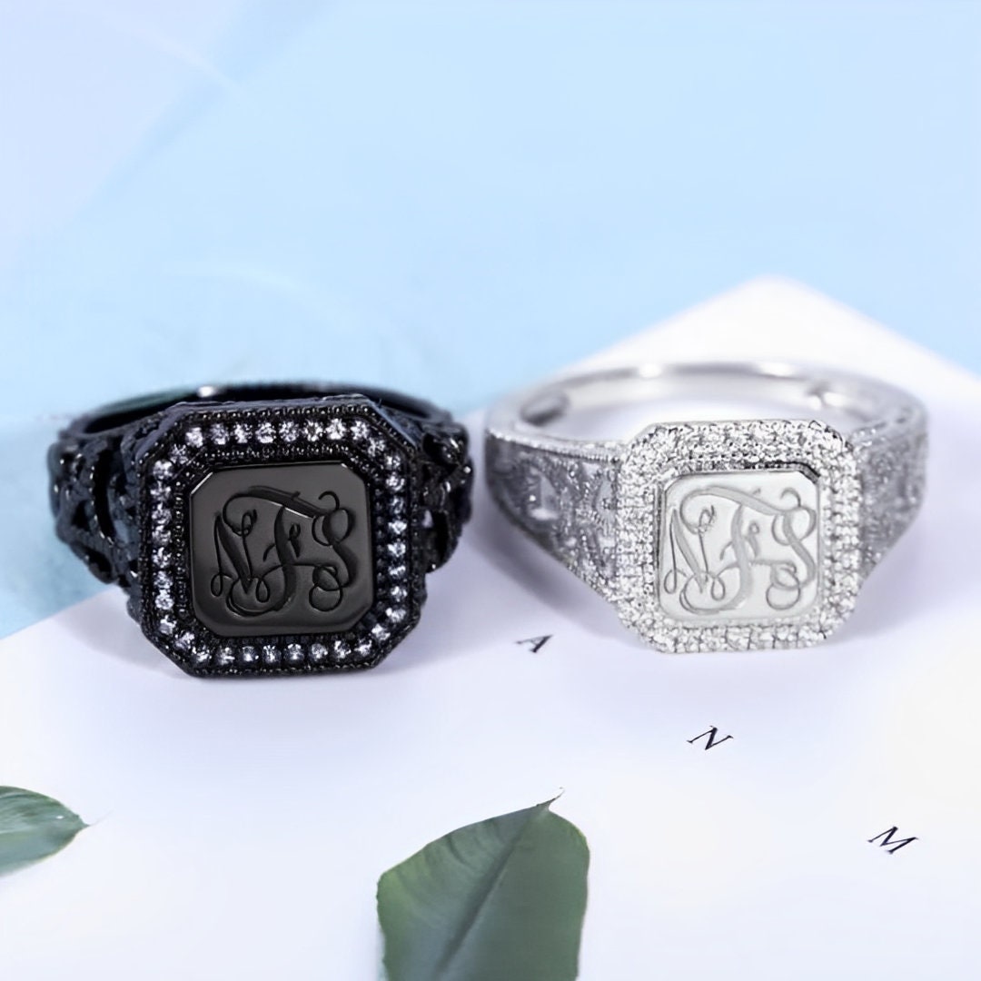 Personalized Cubic Zirconia Monogram Ring, Monogram Signet/champion ...