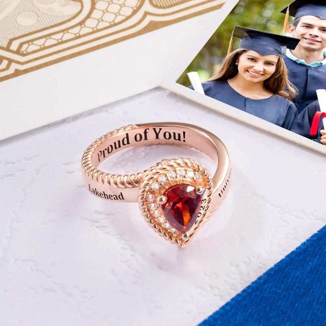 Graduation Birthstone Ring With Custom Engravings, 2025 Women's Dainty ...