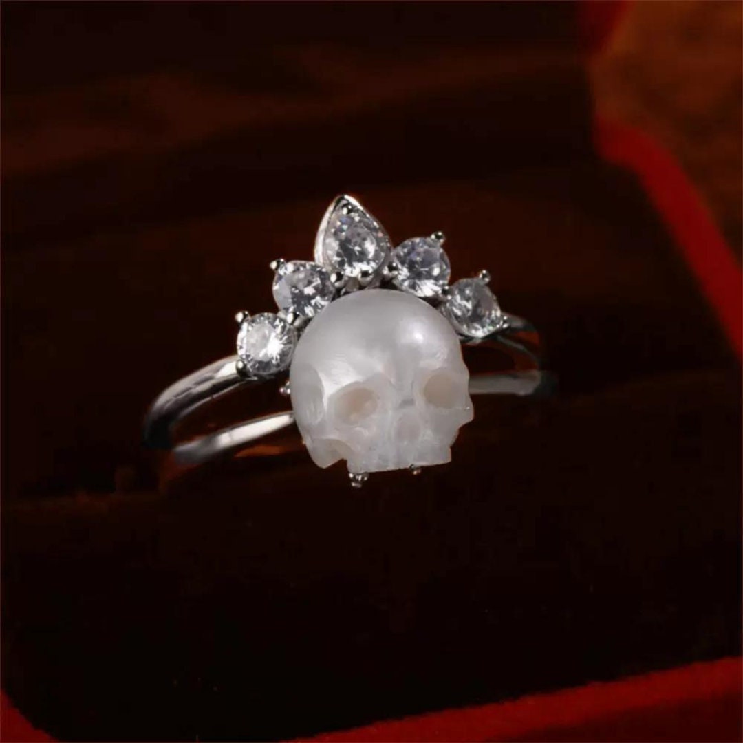 Skull Pearl Ring With Matching Crystal Crown Ring, Set of 2 Stackable ...