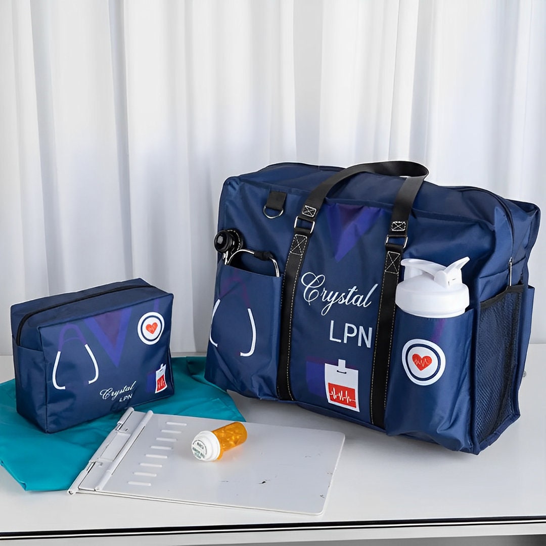 Blue Nurse Bag Set With Custom Name, Canvas Large Nursing Zip up Bag ...