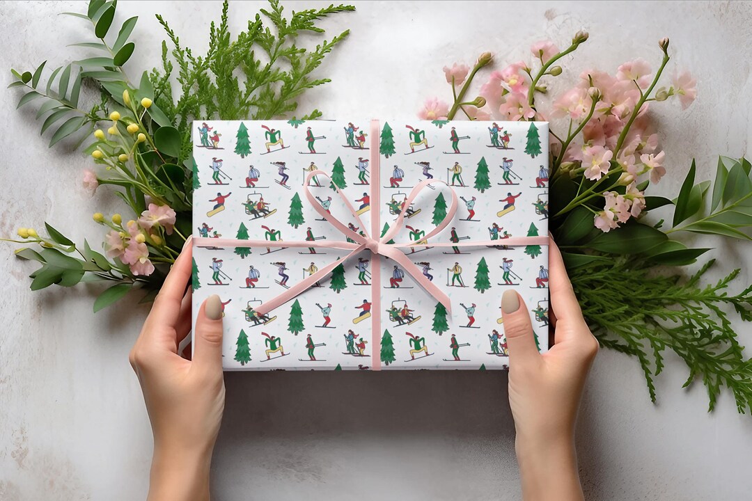 Ski Printed Gift Wrapping Paper Roll – Winter Landscape Skiing Theme ...