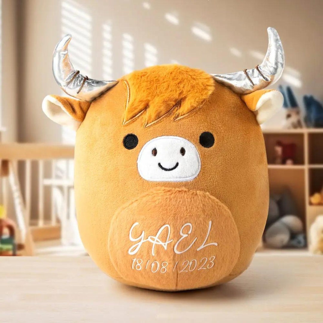 Embroidered Name Date Highland Cow Plush Toy, Cute Personalized Cow ...