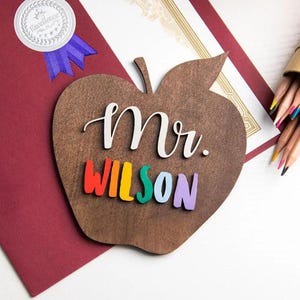 Apple Shaped Desk Name Plate for Teacher, Colorful Basswood Classroom ...