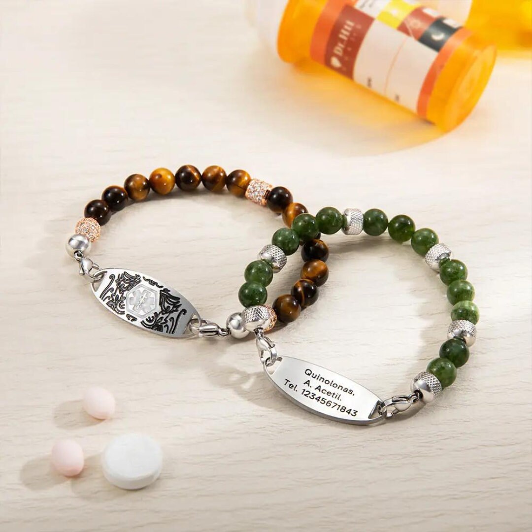 Custom Medical Alert 7 Chakras Beaded Bracelet, Natural Stone Medical ...