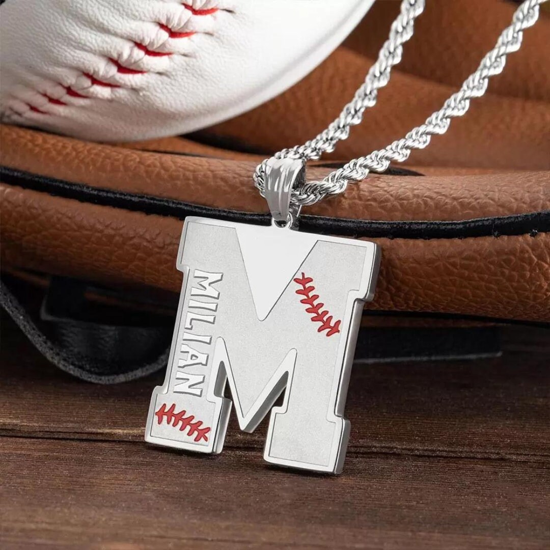 Custom Name Baseball Initial Necklace, Stainless Steel Baseball Pendant ...
