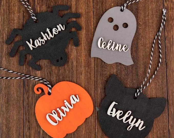 Halloween Basket Tag | Custom Wooden Name Tags - Ghost, Pumpkin, Spider ...