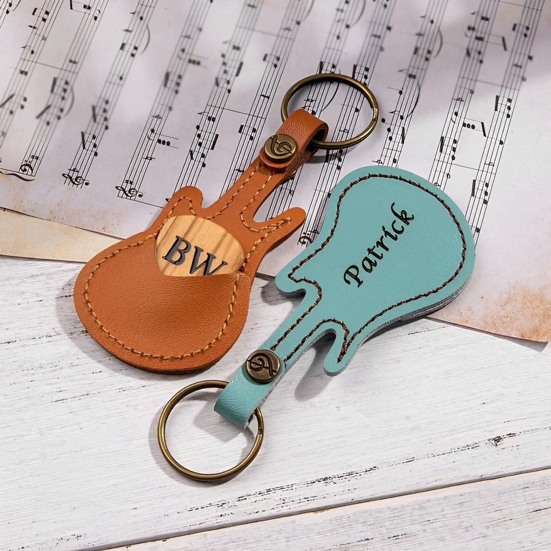 Custom Name Guitar Leather Keyring/guitar Pick Holder, Custom Engraved ...