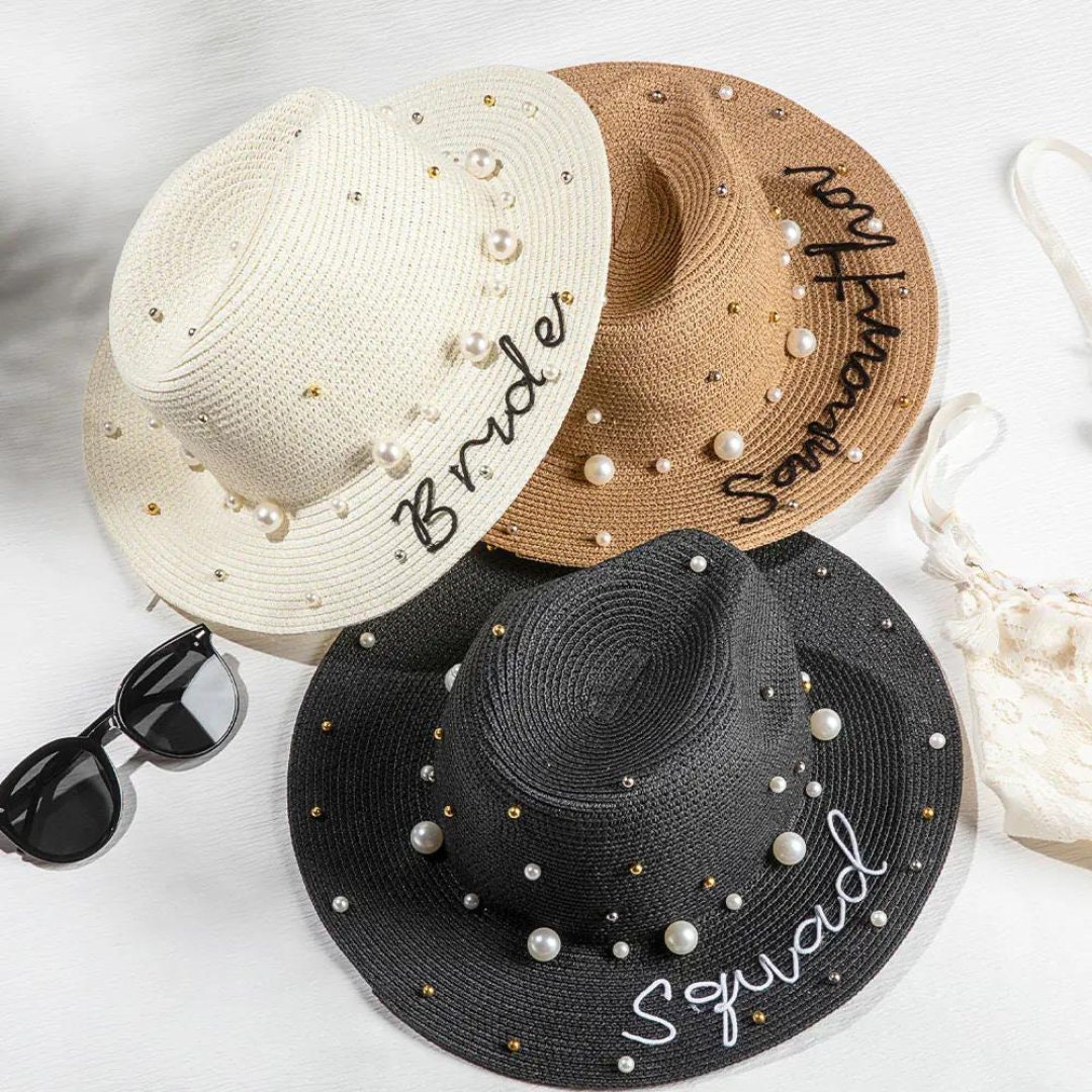 Bridesmaid Straw Hat With Custom Name + Pearl Detailing, Hen Do ...