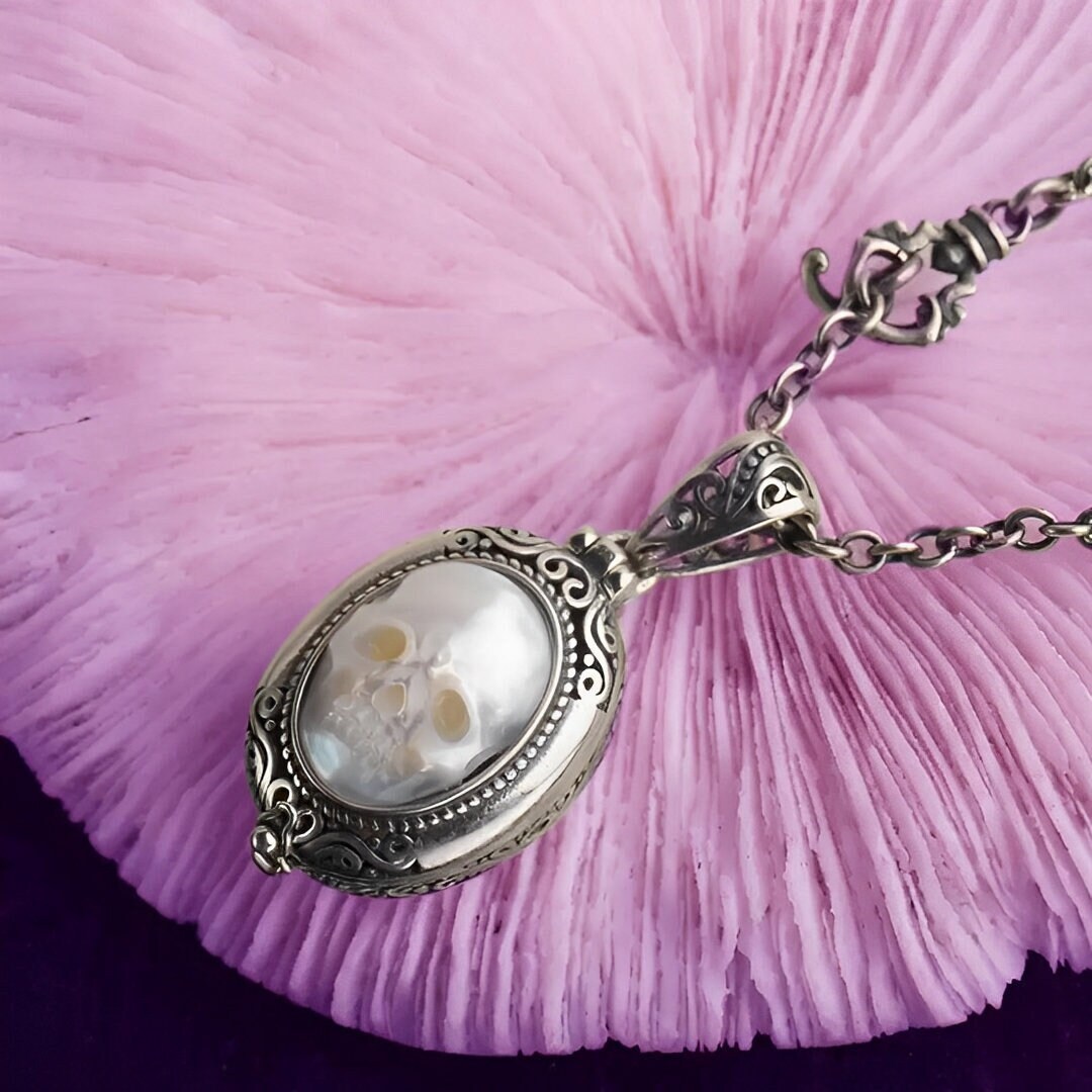 Vintage Gothic Pearl Skull Locket Necklace With Engraving - Etsy