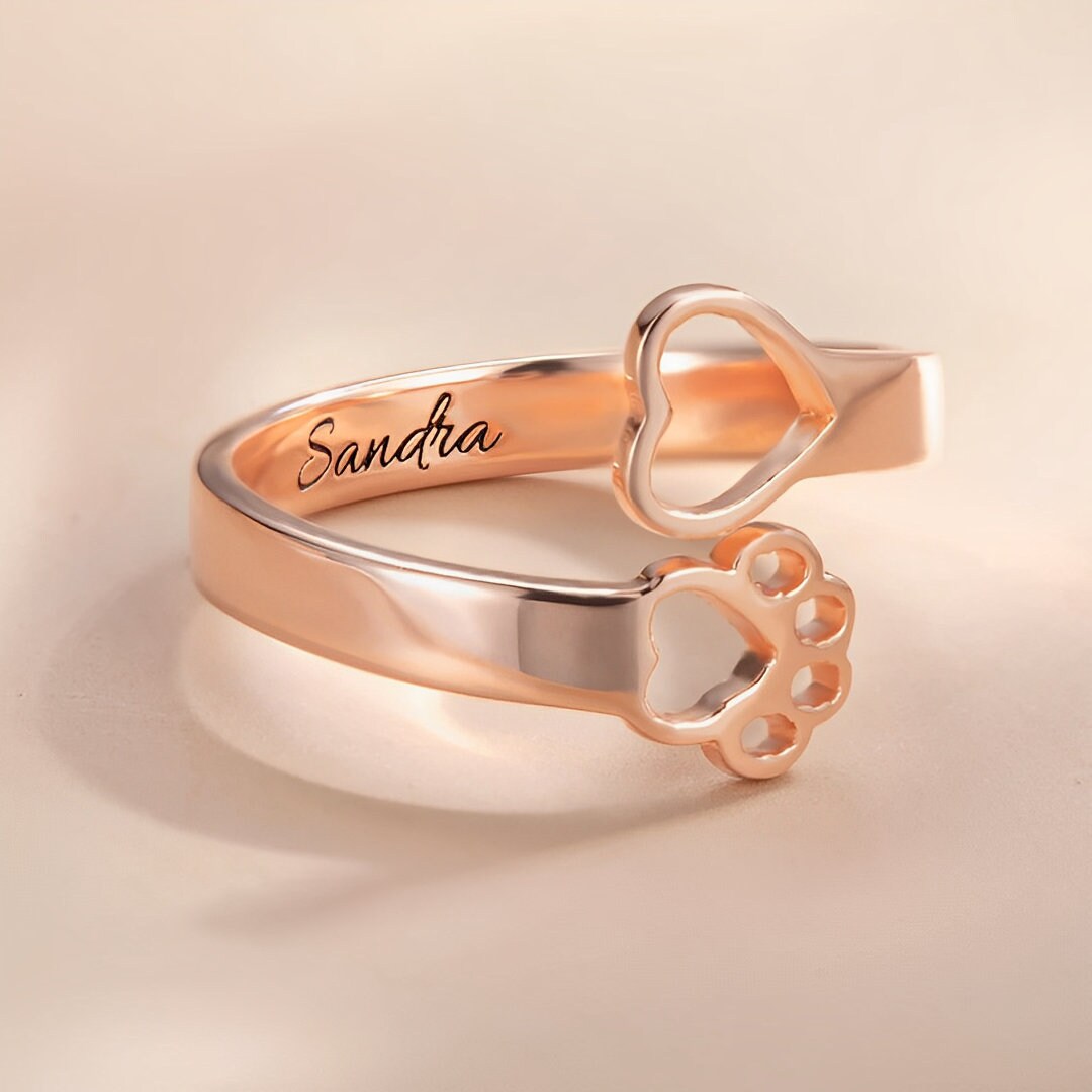 Custom Name Engraved Pet Ring, Paw Print Love Heart Name Ring, Memorial ...