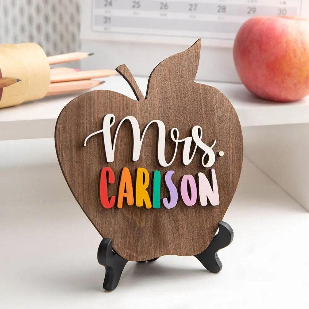 Apple Shaped Desk Name Plate for Teacher, Colorful Basswood Classroom ...