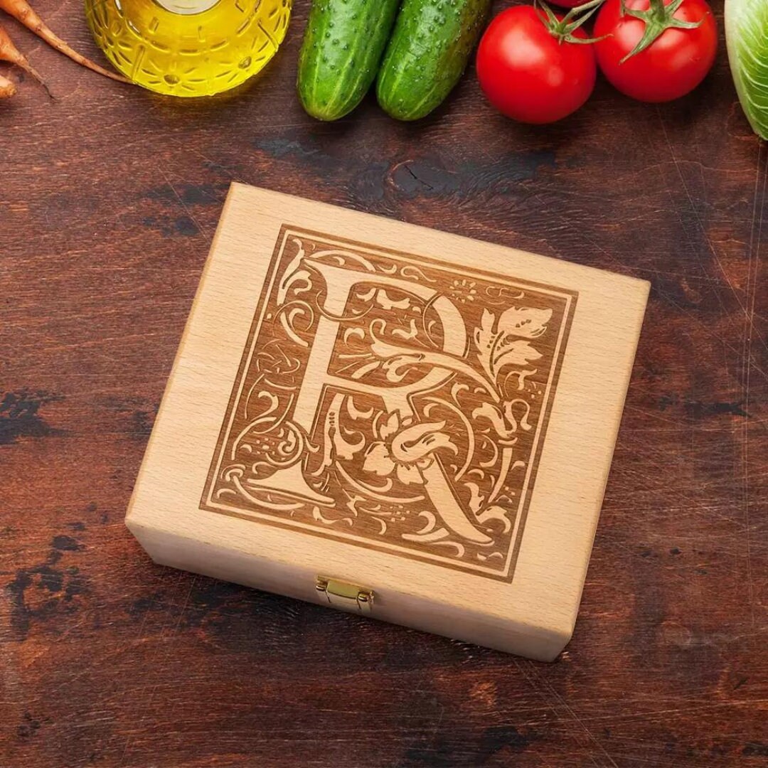 Wooden Recipe Box With Engraved Monogram, Beech Wood Cooking Storage ...