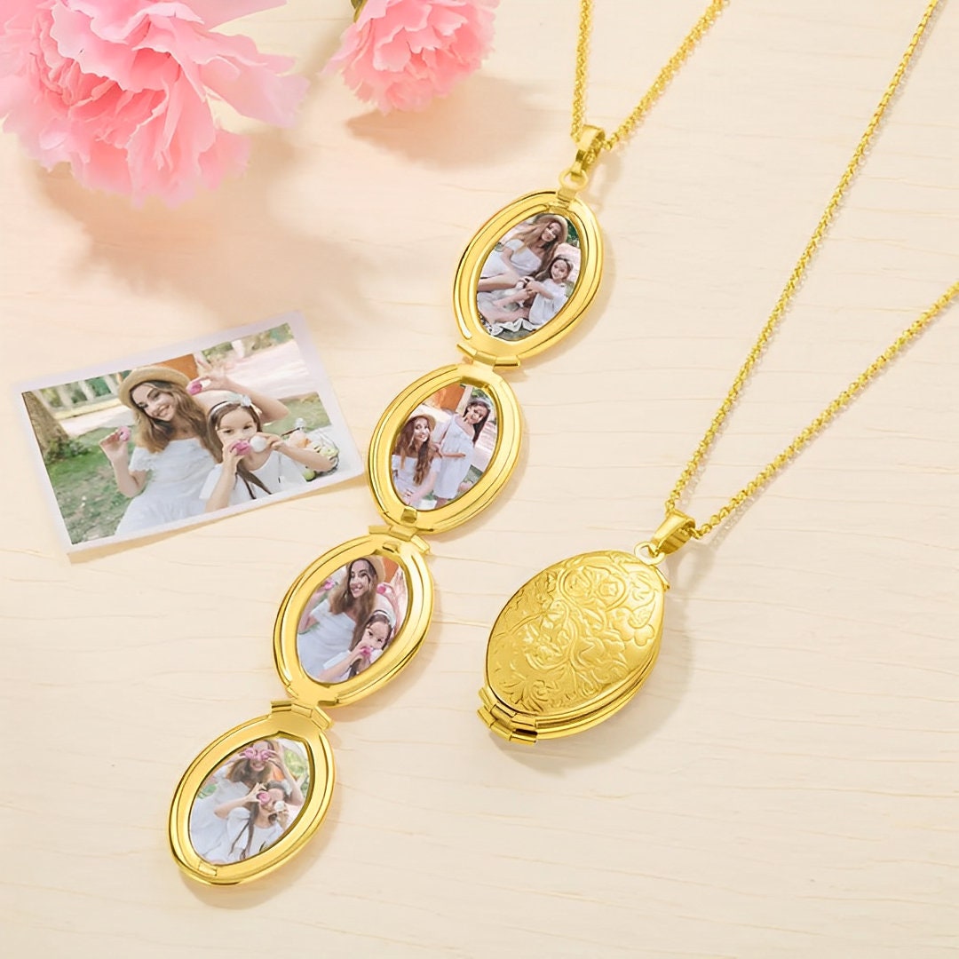 Custom Photos Folding Locket Necklace, Oval Locket Necklace W/ Floral ...
