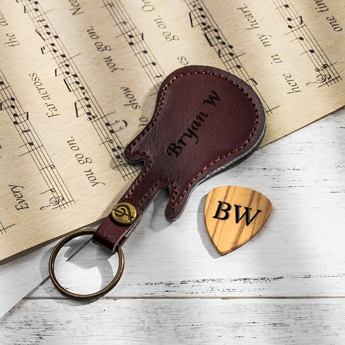 Custom Name Guitar Leather Keyring/guitar Pick Holder, Custom Engraved ...