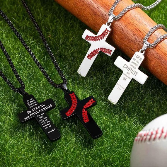 Baseball football Cross Necklace W Bible Verse Engraving Stainless Steel Religious Athlete Necklace Sports Christianity Necklace for Men Etsy Denmark