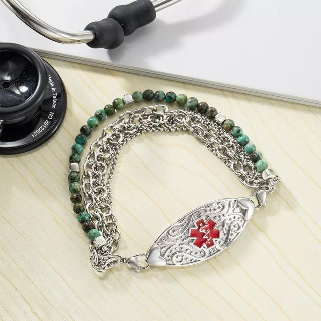 Personalized Medical Alert ID Bracelet With Turquoise Beads, Stainless ...