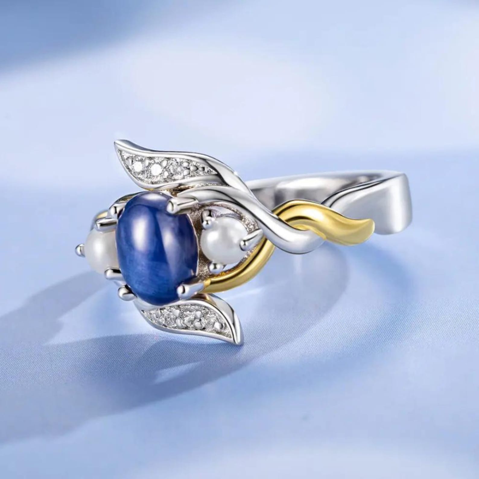 Royal Blue Stone and Pearl Ring With Custom Engraving, 925 Sterling ...