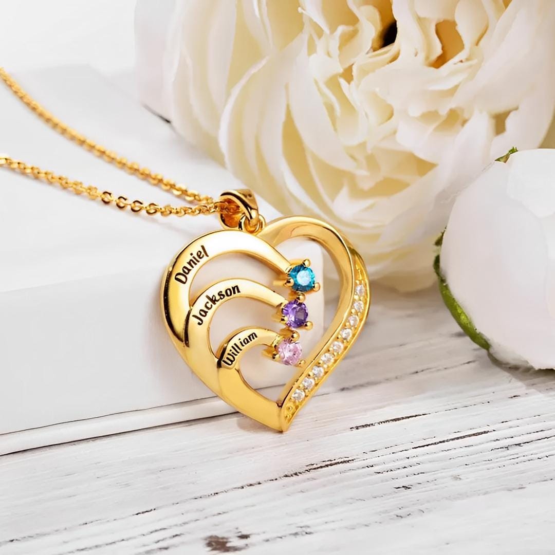Personalized Engraved Names and Birthstones Family Heart Necklace ...
