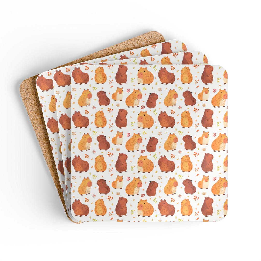 Capybaras Print 4 Coasters Set, Chibi Style Capybara Printed Corkwood ...