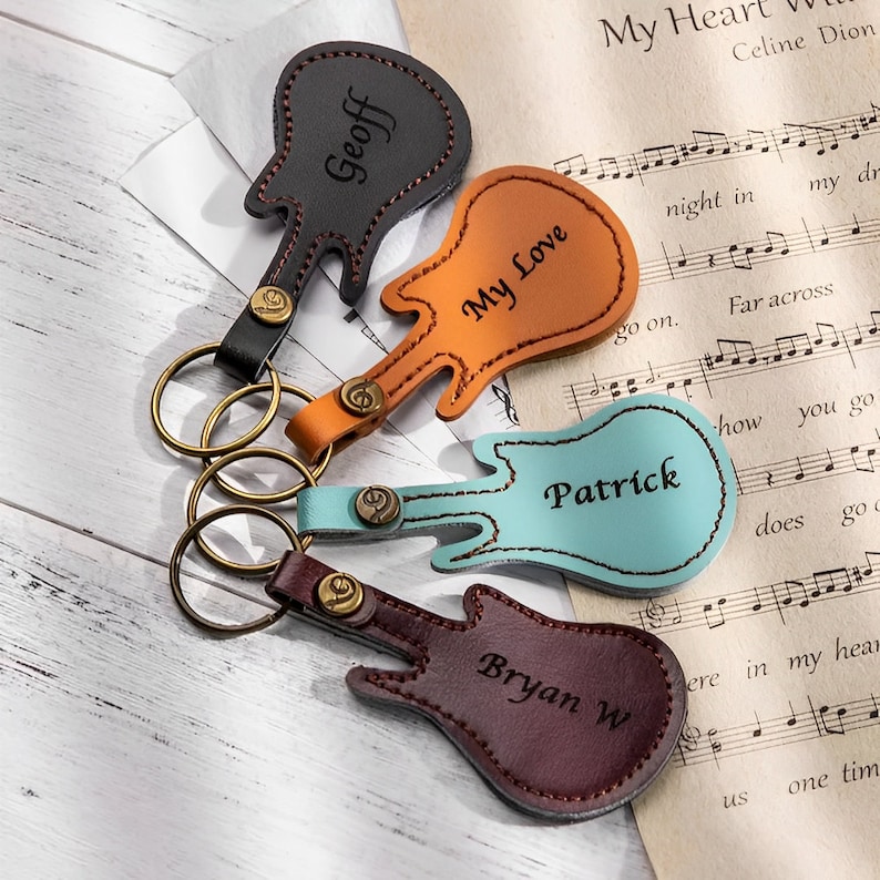 Custom Name Guitar Leather Keyring/guitar Pick Holder, Custom Engraved ...