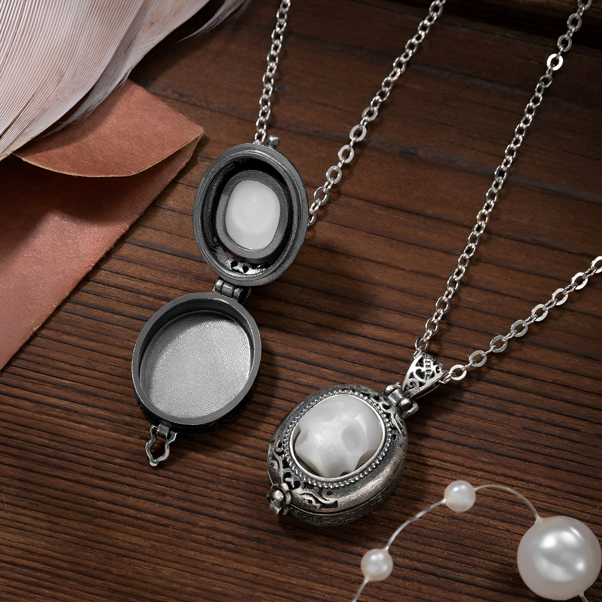 Vintage Gothic Pearl Skull Locket Necklace With Engraving, Carved Pearl ...