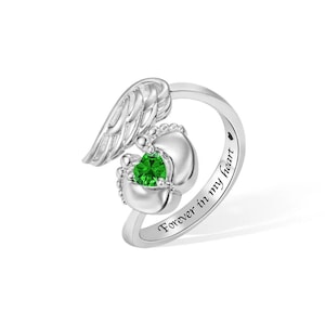 Personalized Baby Memorial Ring, Wings and Feet With Birthstone, Baby ...