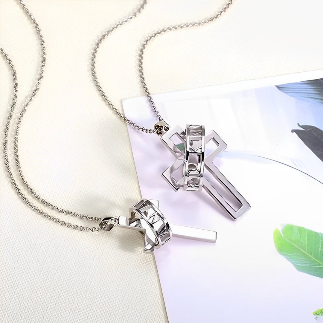 Couple Cross Necklaces With Custom Name Ring (set of 2), 925 Sterling ...