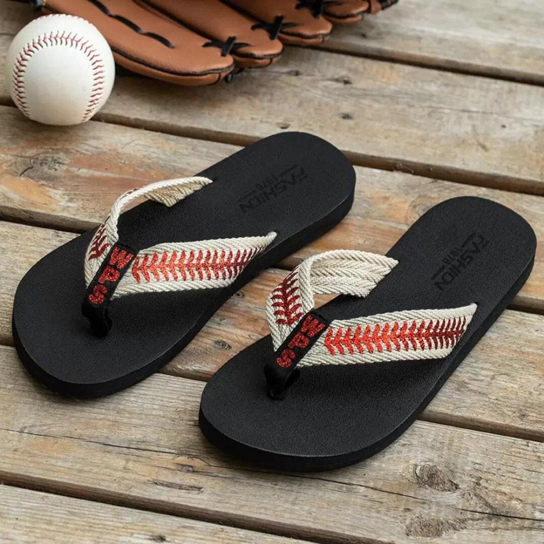 Softball Flip Flops | Custom Text Baseball Game Day Supporter Sandals ...
