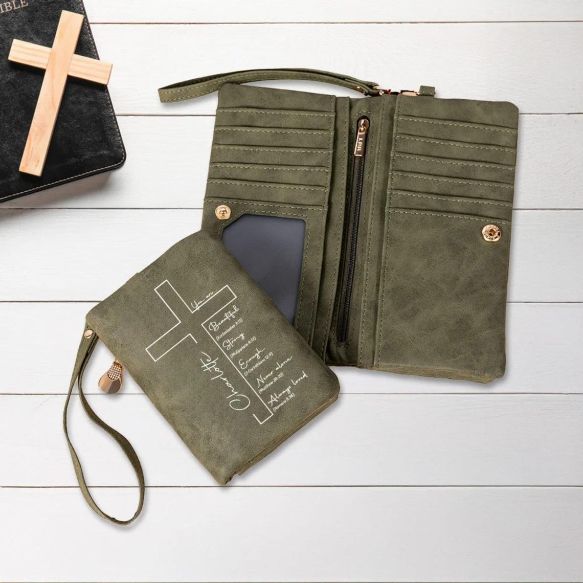 Custom Name Cross Tri-fold Wallet, Vegan Leather Christian Card Holder ...