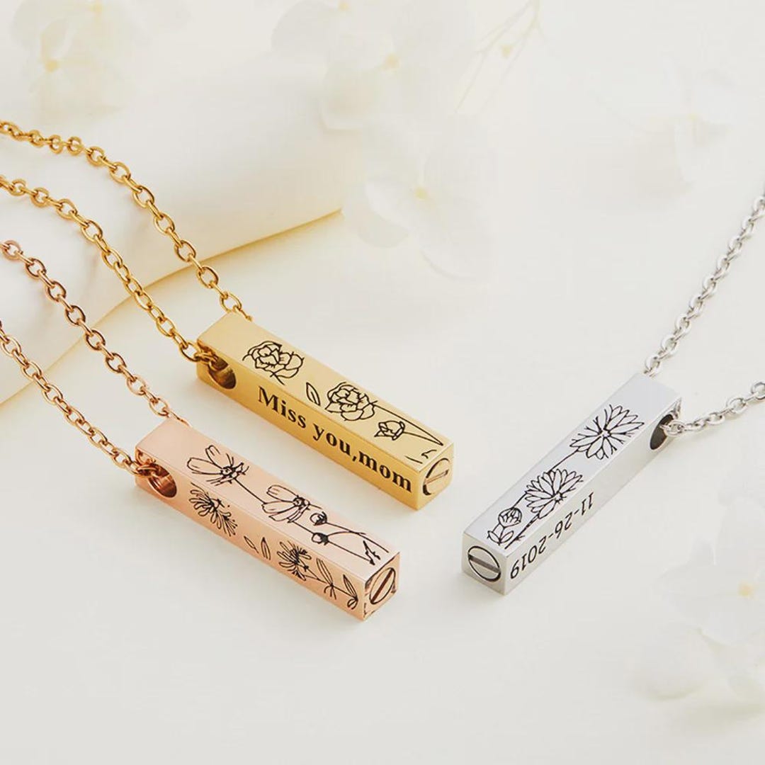 Personalized Urn Bar Necklace With Birth Flower and Custom Engravings ...
