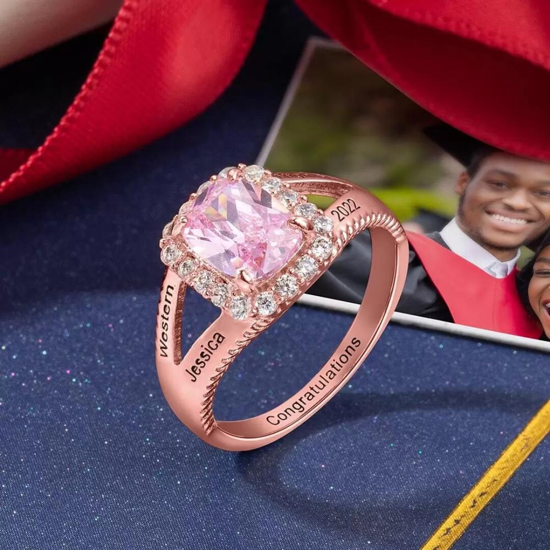 Custom Class Graduation Ring With Name + Birthstone, Custom Engraved ...