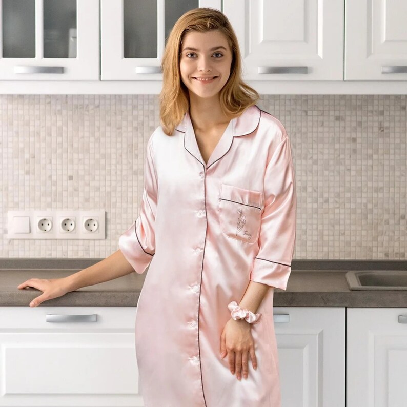 Custom Name Birth Flower Satin Nightgown Gift Set With Eye Mask ...