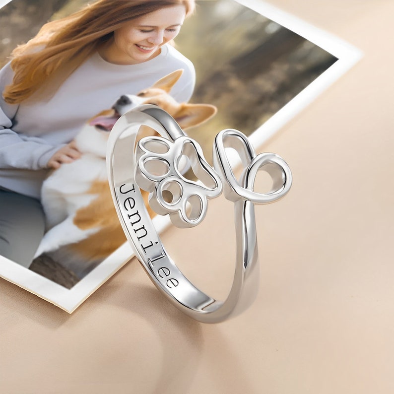 Custom Name Engraved Pet Ring, Paw Print Love Heart Name Ring, Memorial ...