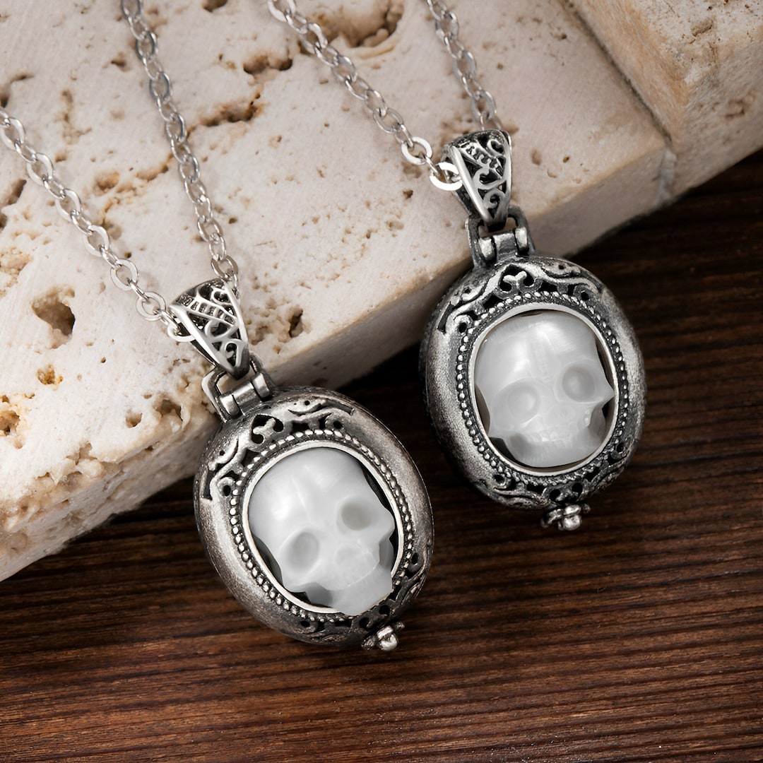 Vintage Gothic Pearl Skull Locket Necklace With Engraving, Carved Pearl ...