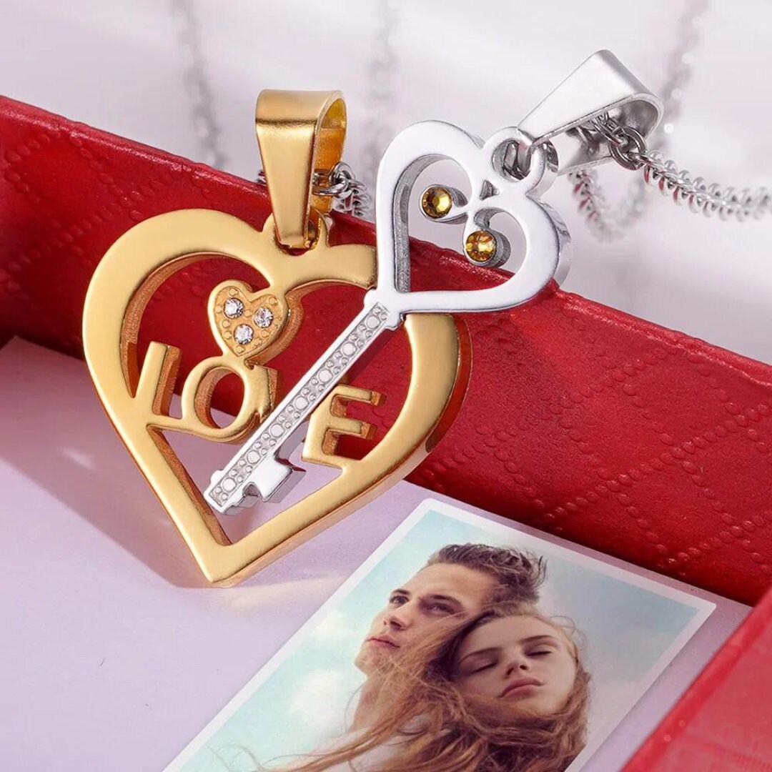 Heart and Key Matching Necklaces w Custom Birthstones Set of 2 Key of Love Necklaces for Couples Interlocking Necklaces for Lovers