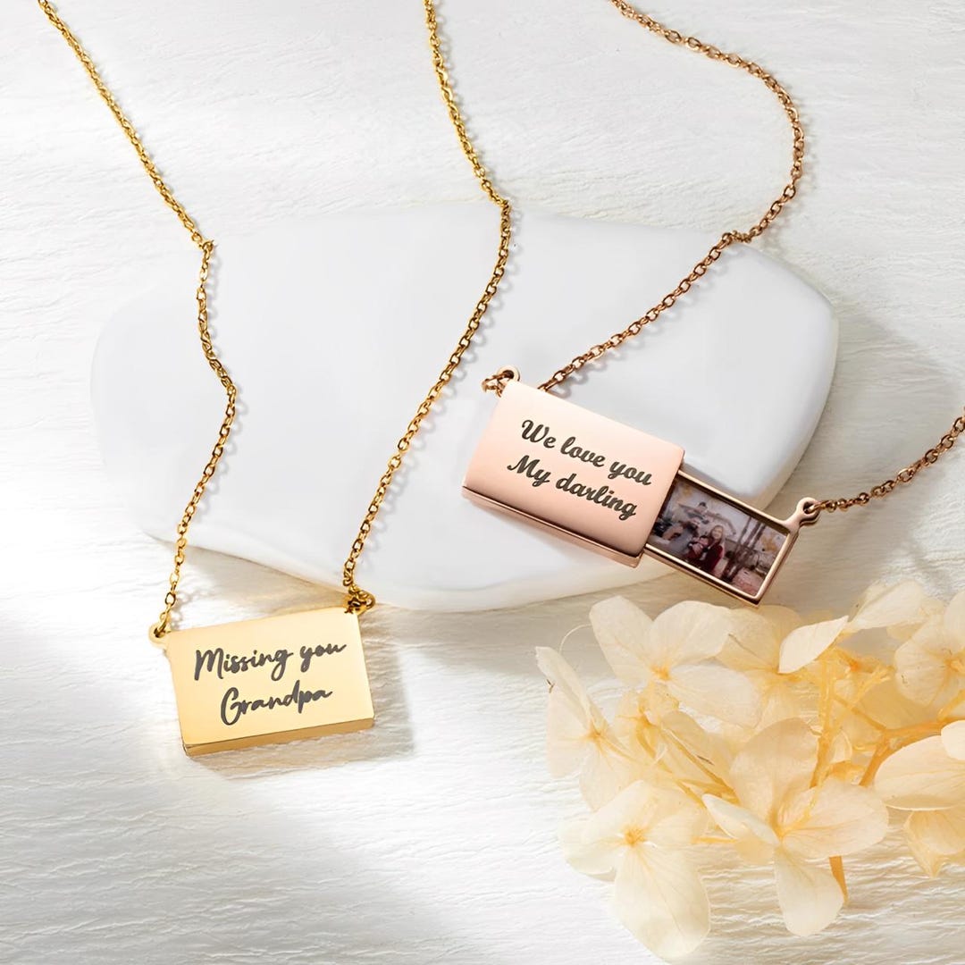 Custom Engraved Sliding Photo Locket Necklace, Picture Holder Locket ...